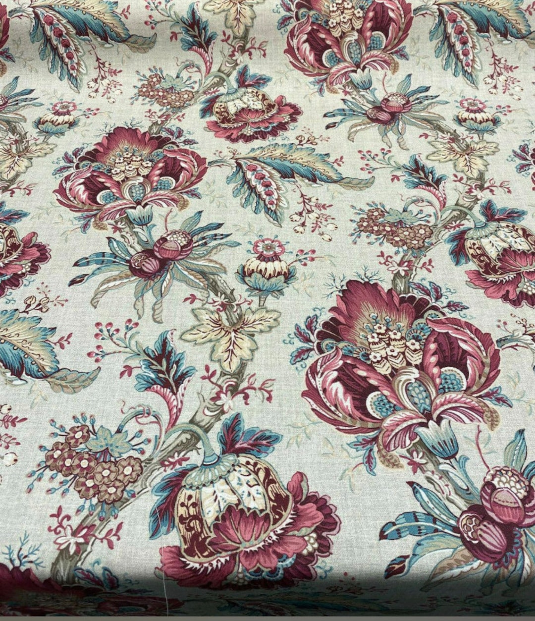 Large Beautiful Jacobean Flowers off White DRAPERY Upholstery Fabric by ...