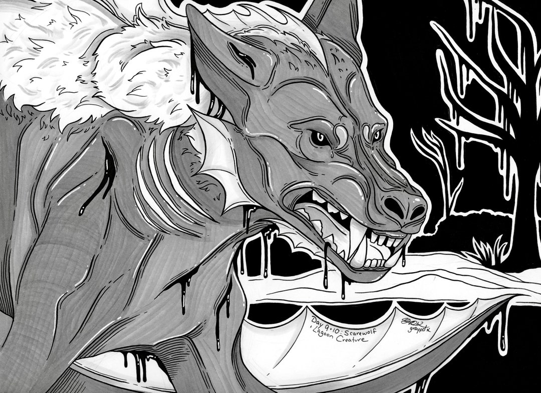 Lagoon Wolf (inktober 2022, Original Ink Drawing) - Etsy