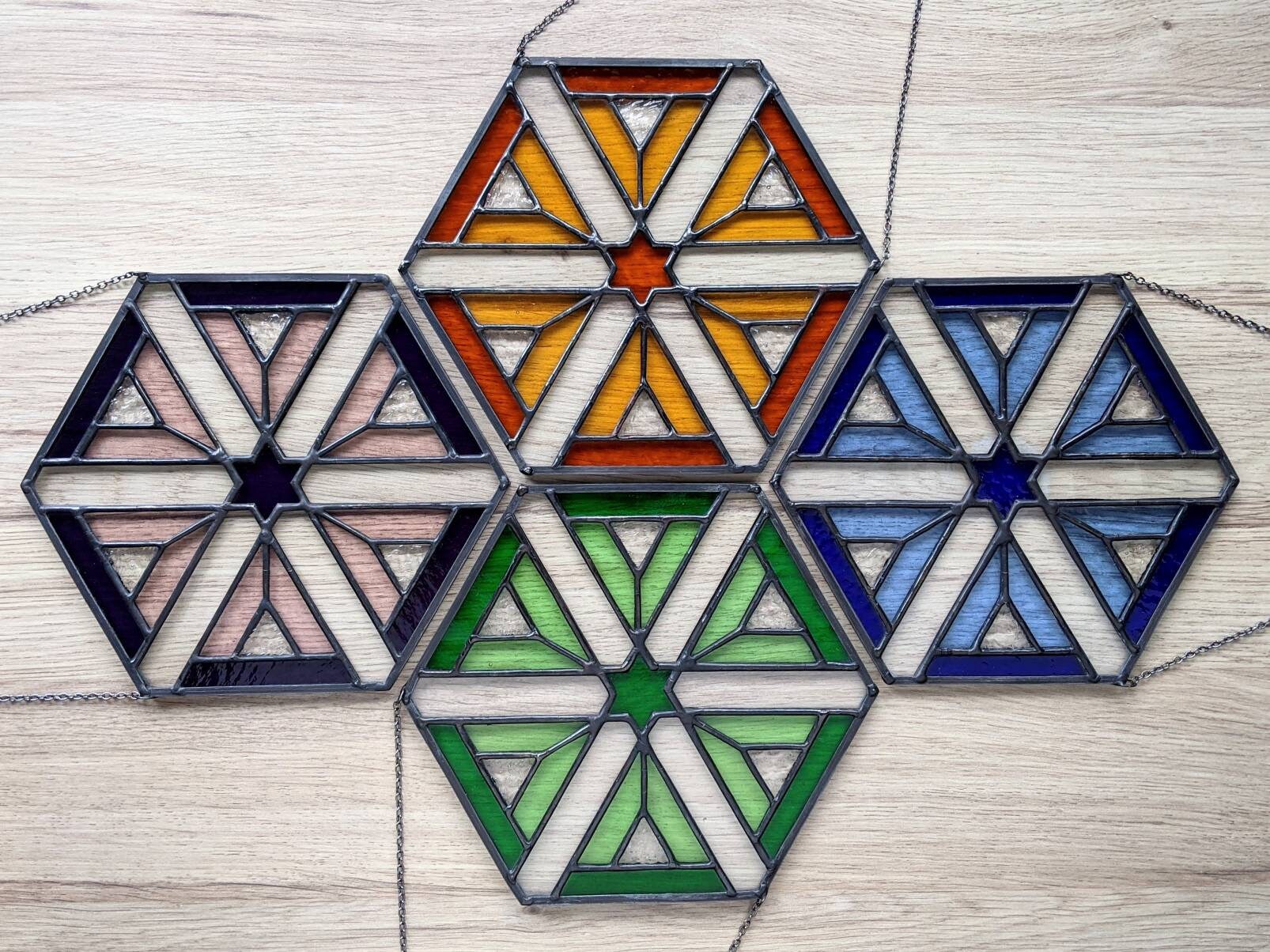 Stained glass hexagon geometric suncatcher. Green and clear | Etsy