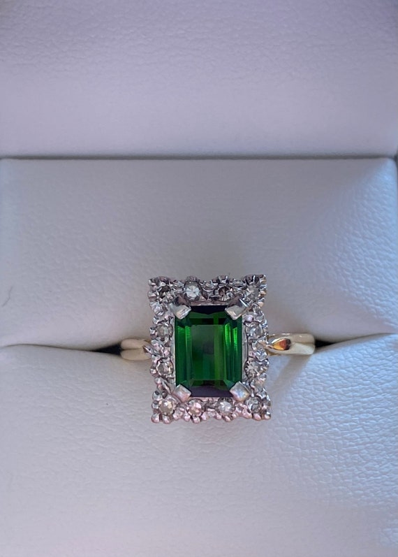 Art Deco Emerald Cut Tourmaline and Diamond Cluster Ring in 18 - Etsy