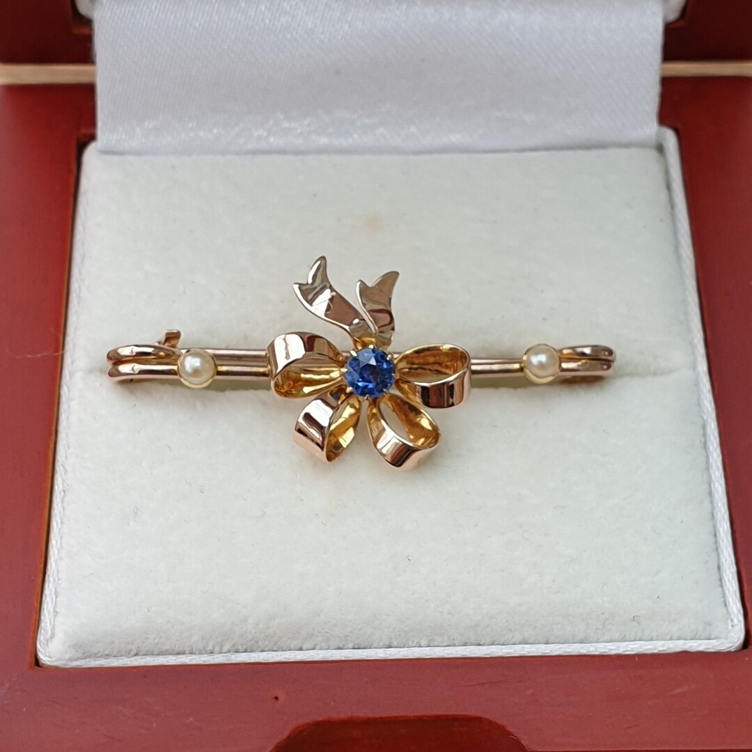 Victorian 14K Gold Sapphire Brooch With Split Pearls, Bow Design - Etsy