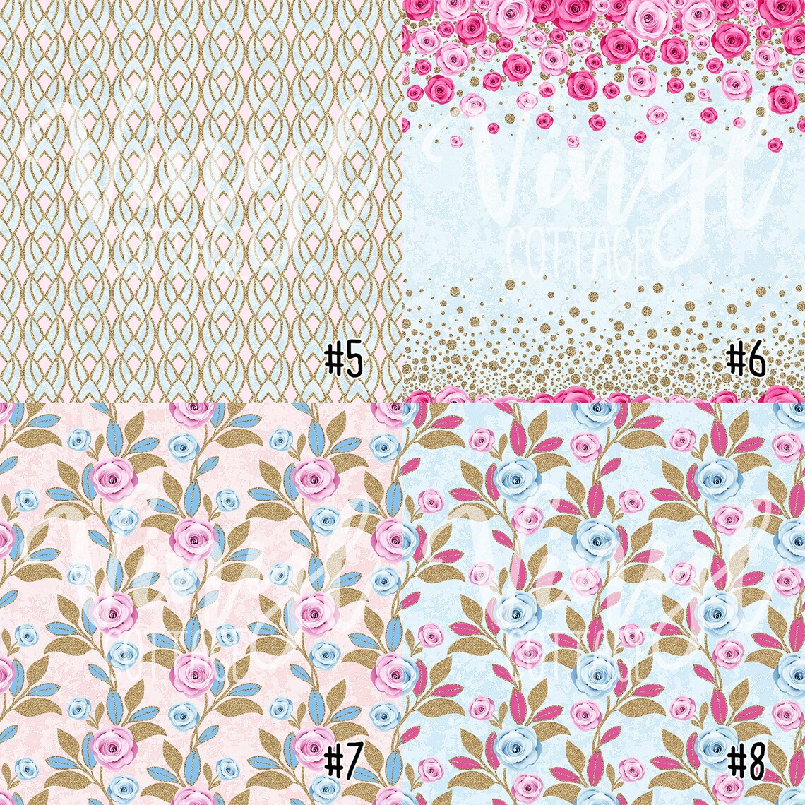 Blue Roses Pattern Vinyl Floral and Glitter Print Vinyl | Etsy