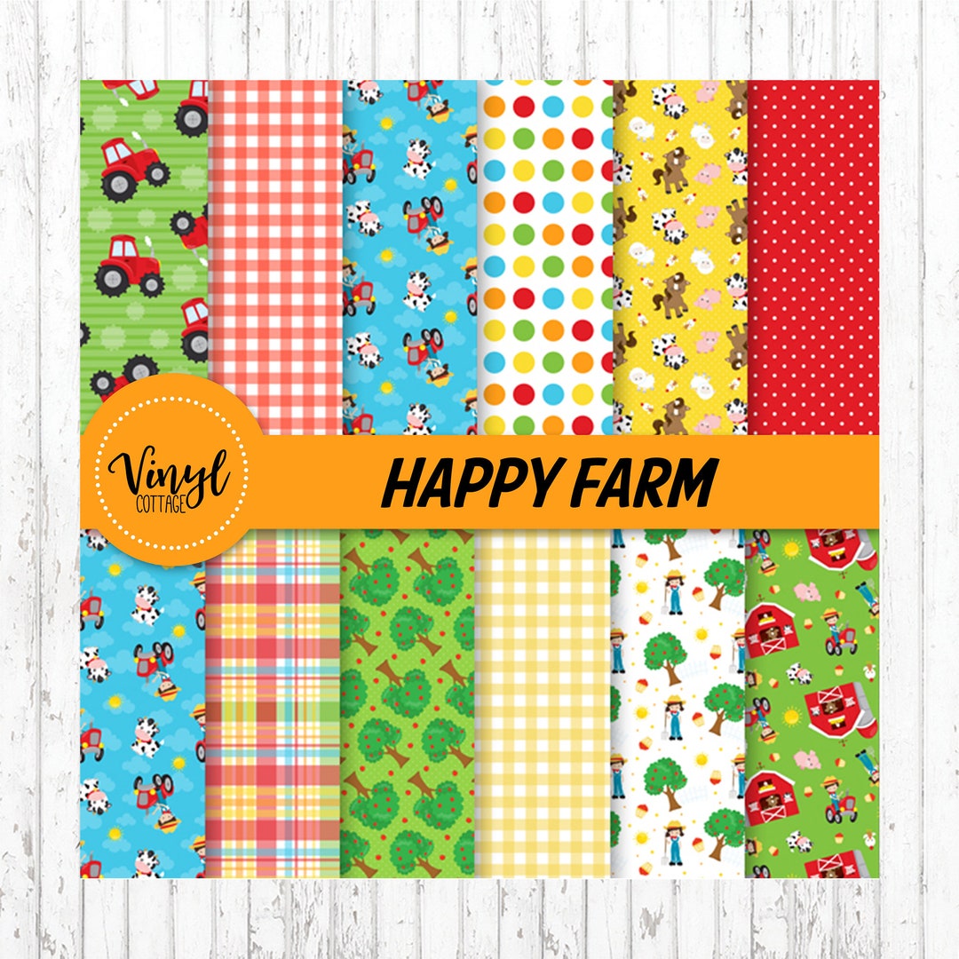 Happy Farm Print Vinyl, Pattern for Kids, Tractor, Apple Tree, Barn ...