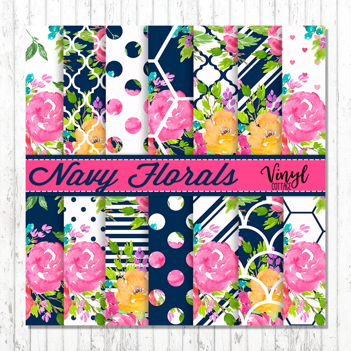 Navy Florals Pattern Craft Vinyl Flower Print HTV - Etsy