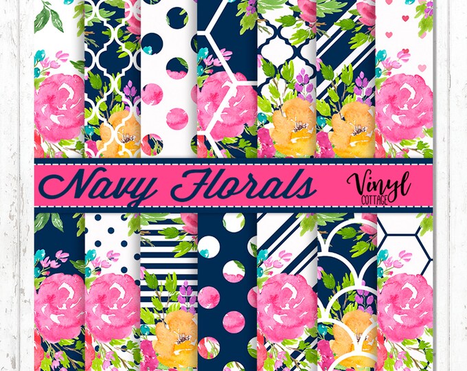 Navy Florals Pattern Craft Vinyl Flower Print HTV | Etsy