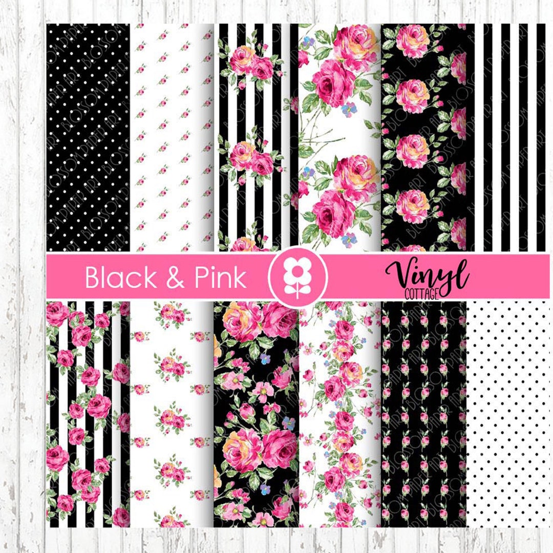 Black and Pink Print Vinyl, Pink Roses Floral Print HTV, Pattern Heat ...