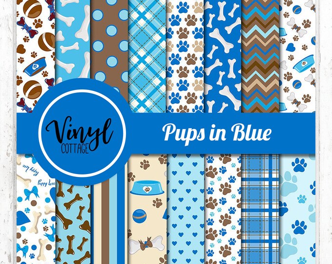 Pups in Blue Paw Print Pattern Dog Bones Heat Transfer | Etsy