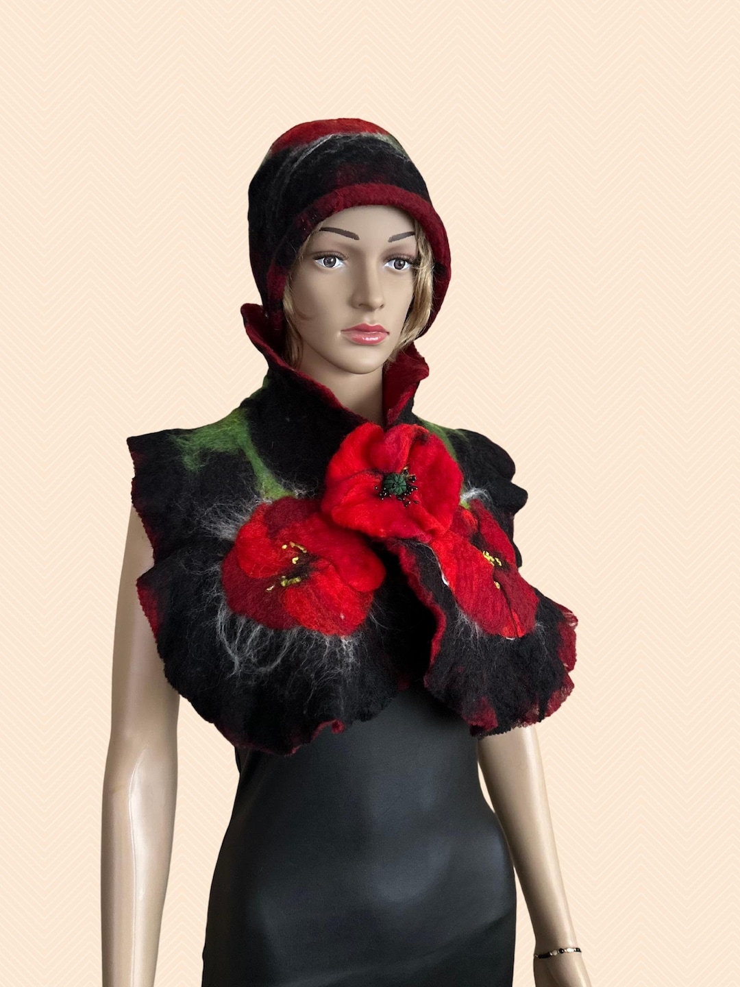 Set Poppy Knitted Merino Wool Handmade Nuno Felted Scarf Shawl Hat ...