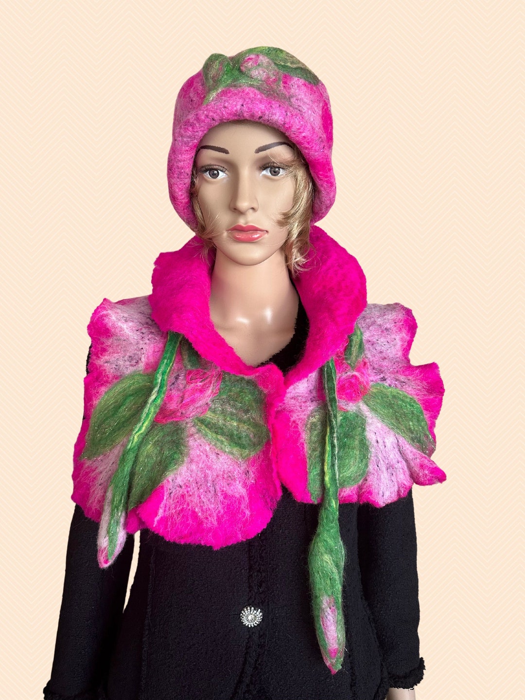 Set Pink Rose Silk Merino Wool Handmade Nuno Felted Scarf Winter Hat ...