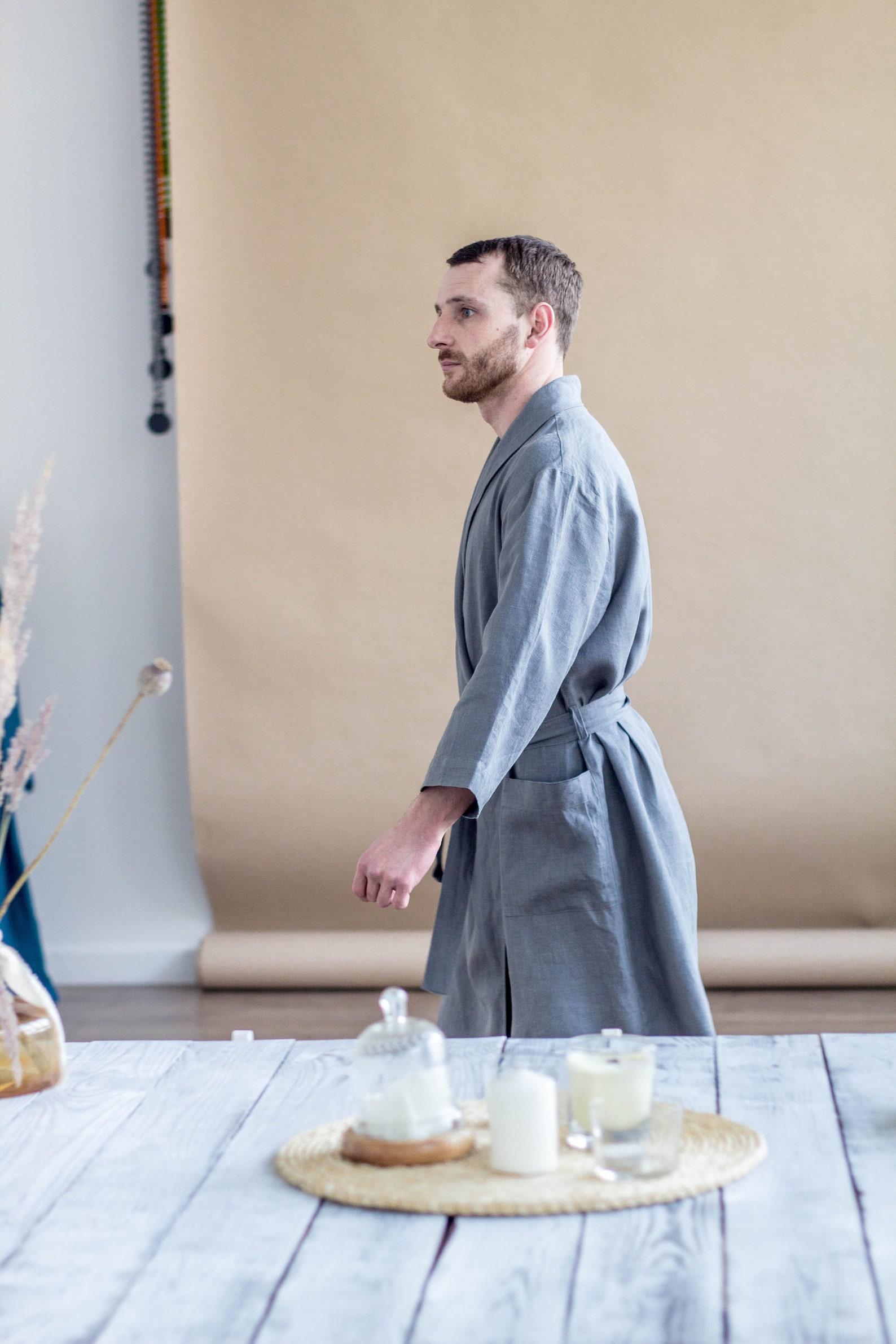 Gray Linen Robe for Men Linen Bathrobe Dressing Gown | Etsy