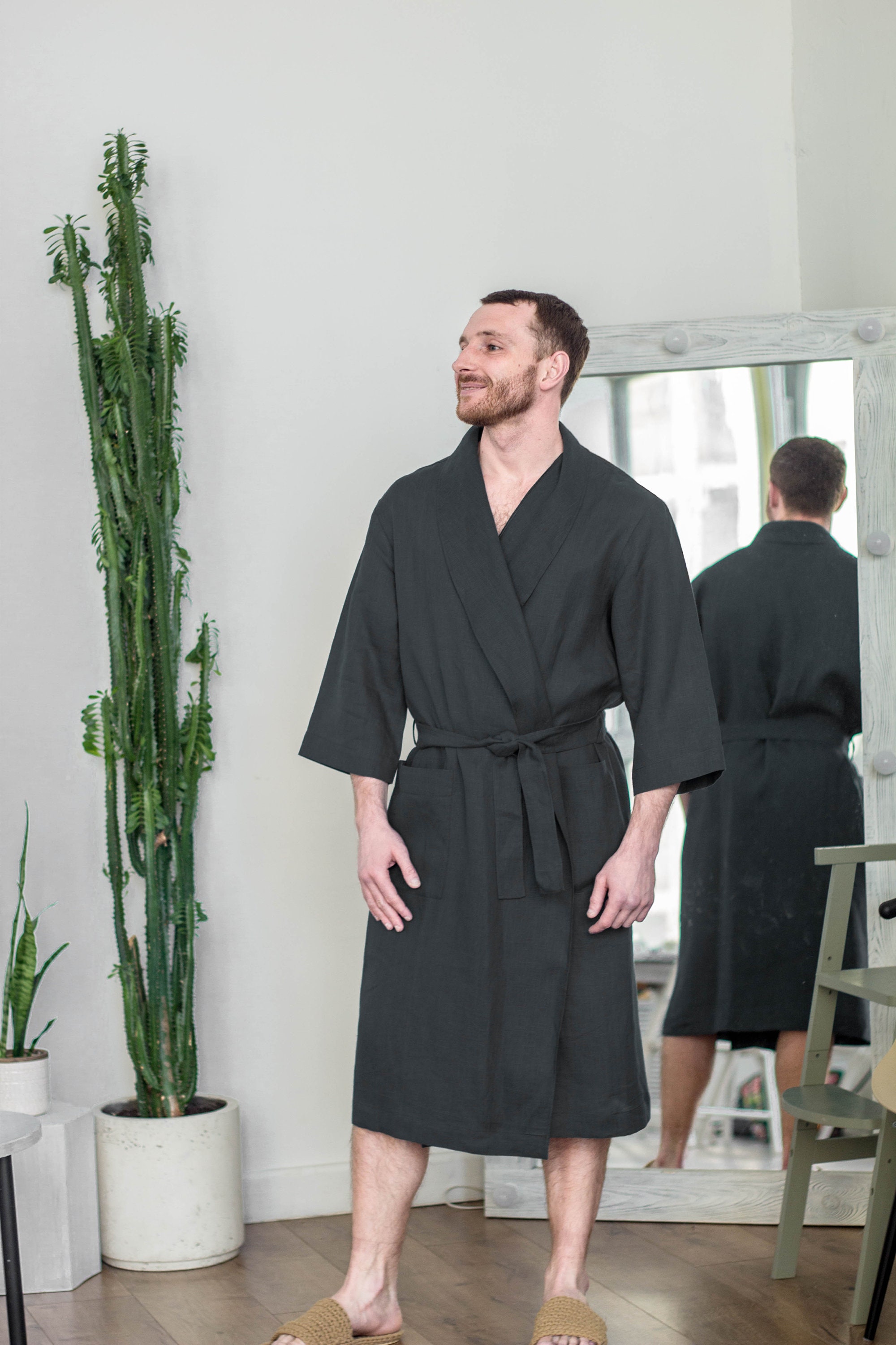 Black Linen Bathrobe for Men, Natural Laungewear, Homewear, Wedding ...
