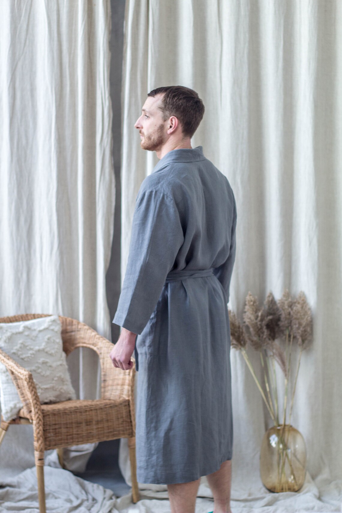 Gray Linen Robe for Men Linen Bathrobe Dressing Gown - Etsy