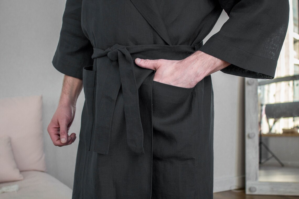 Black Linen Bathrobe for Men, Natural Laungewear, Homewear, Wedding ...