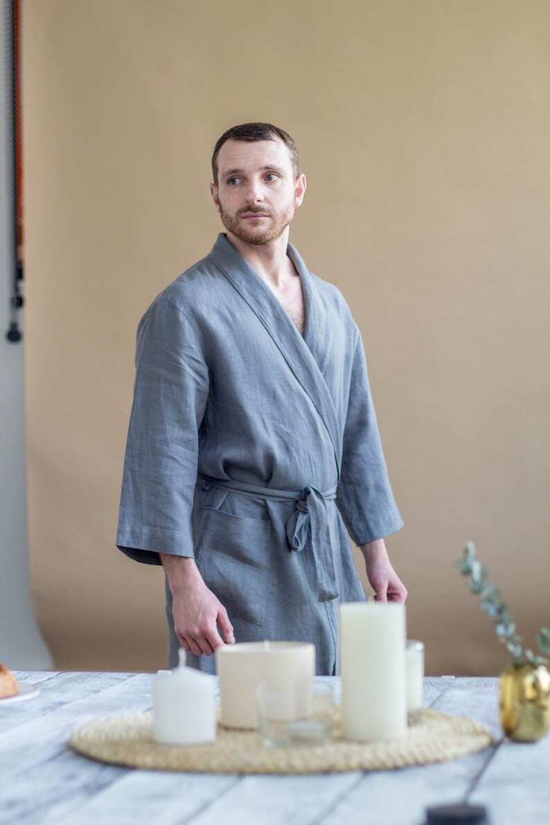 Gray Linen Robe for Men Linen Bathrobe Dressing Gown - Etsy