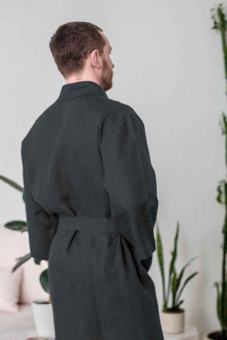 Peignoir en lin noir pour homme, Laungewear naturel, Homewear, Robe de ...