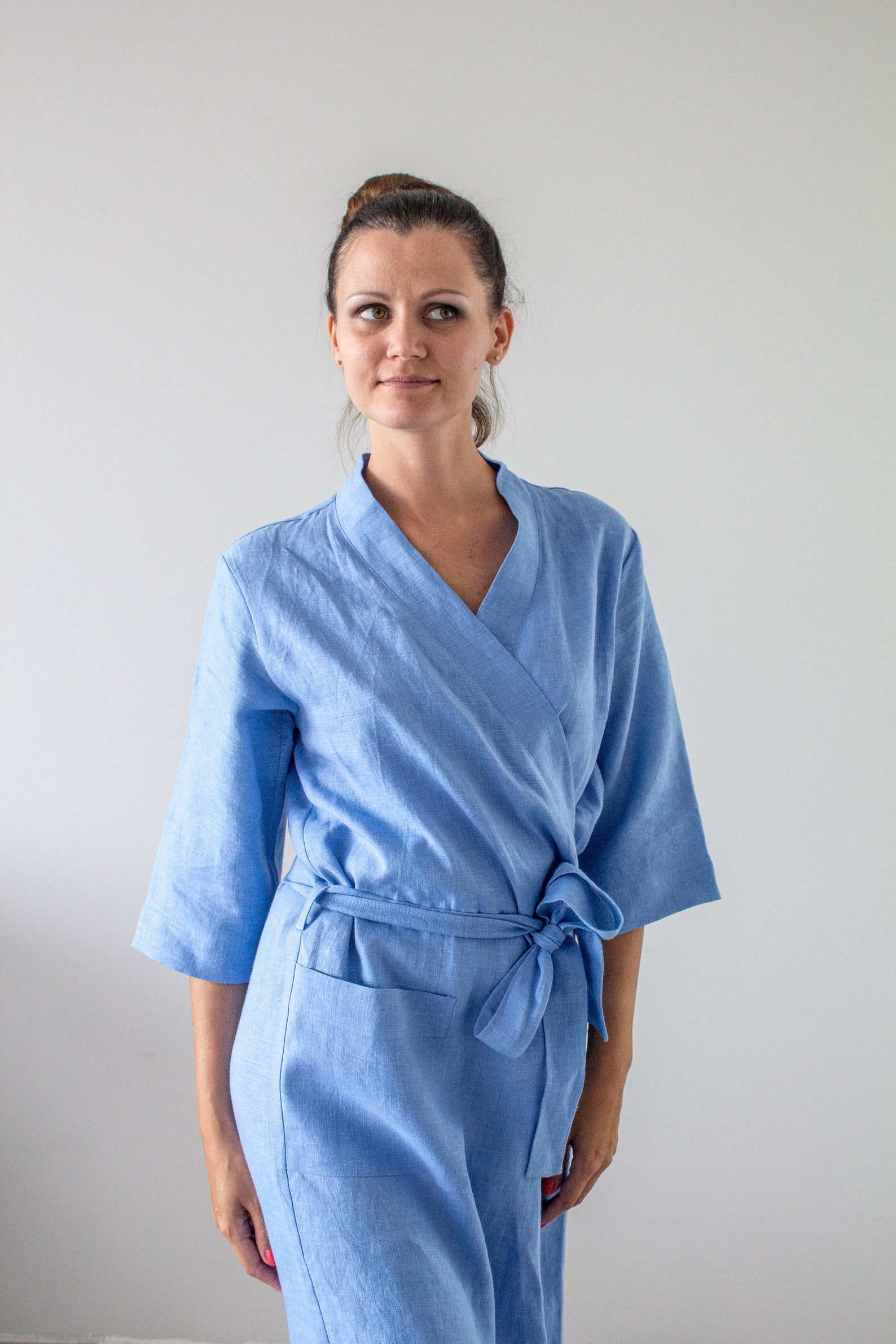 Blue Long Linen Robe Kimono Robe Dressing Gown - Etsy
