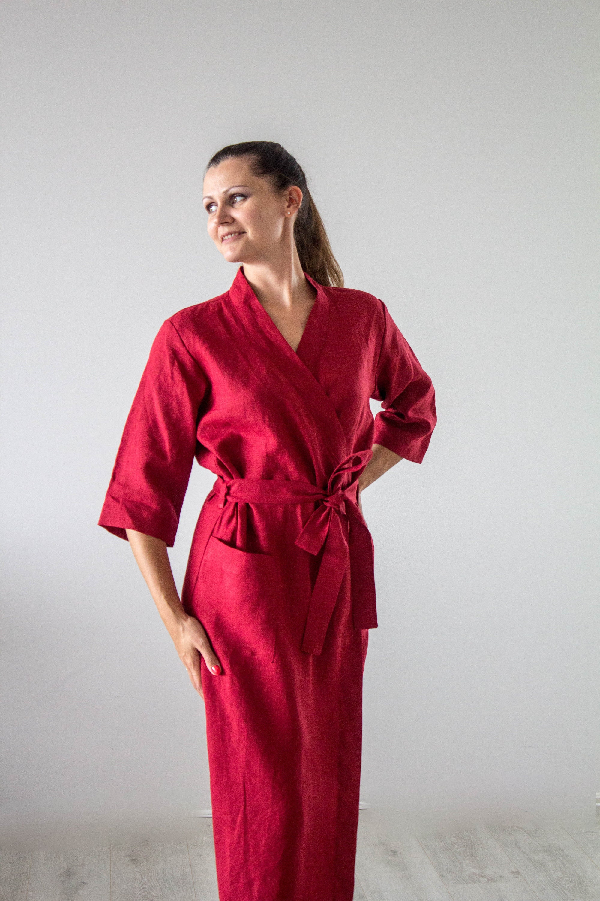 Red Womens Linen Bathrobe Kimono Style Not Perfect Linen Bridesmaid ...