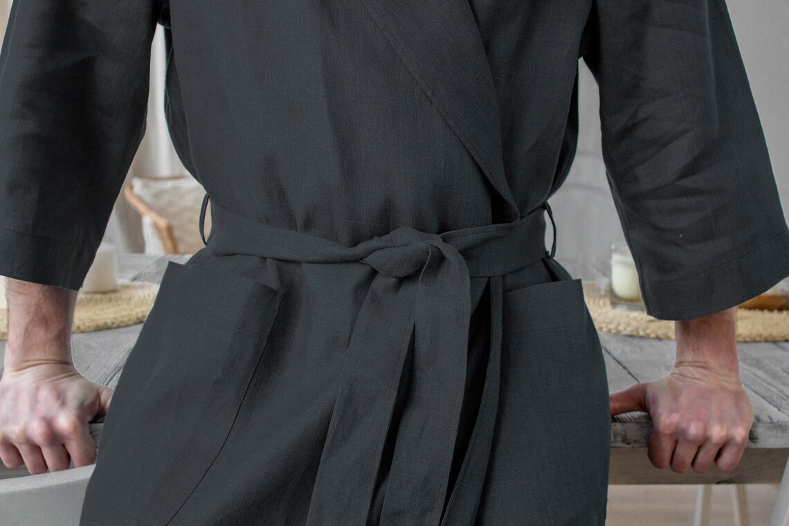 Black Linen Bathrobe for Men, Natural Laungewear, Homewear, Wedding ...