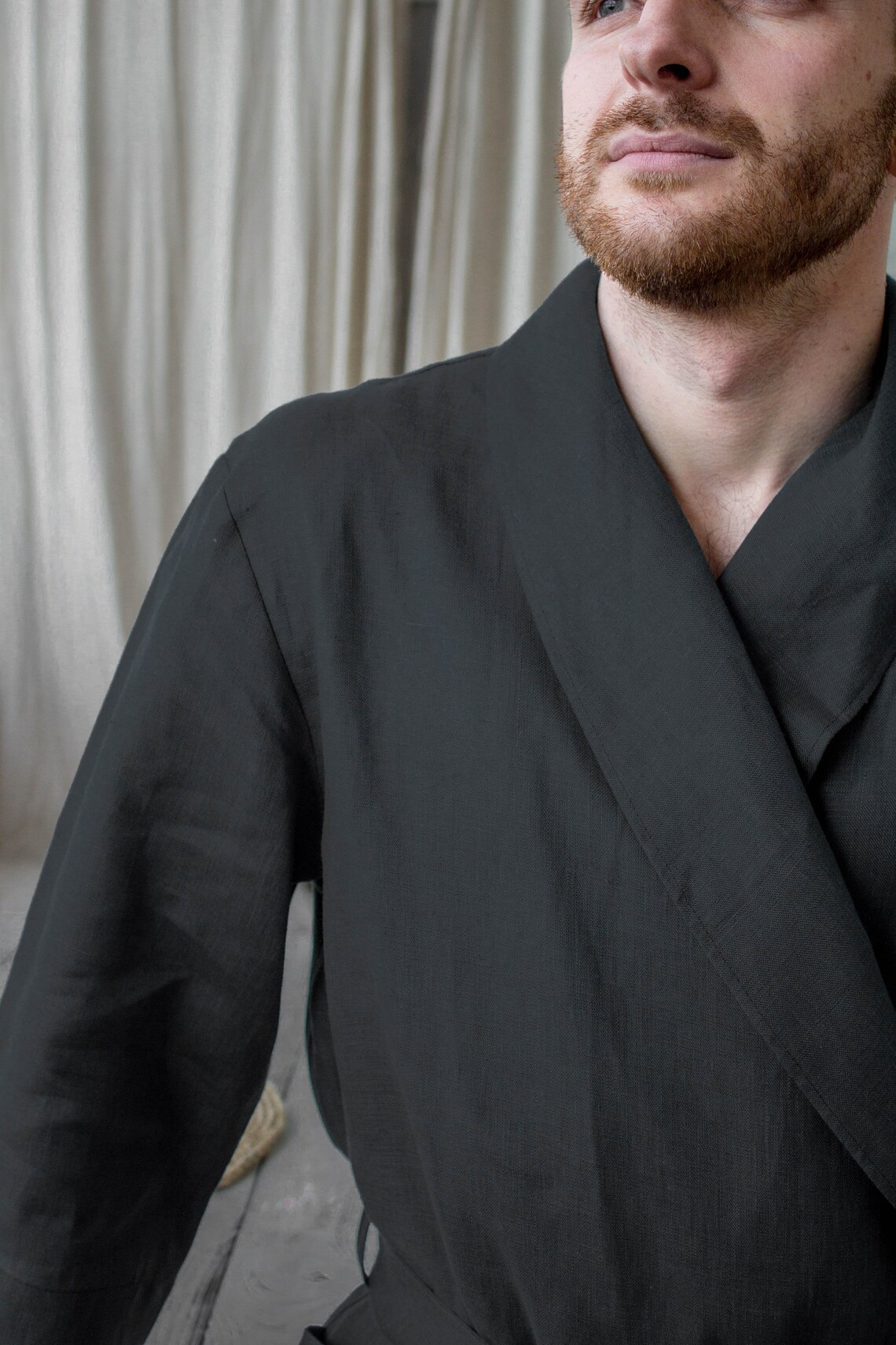 Black Linen Bathrobe for Men, Natural Laungewear, Homewear, Wedding ...