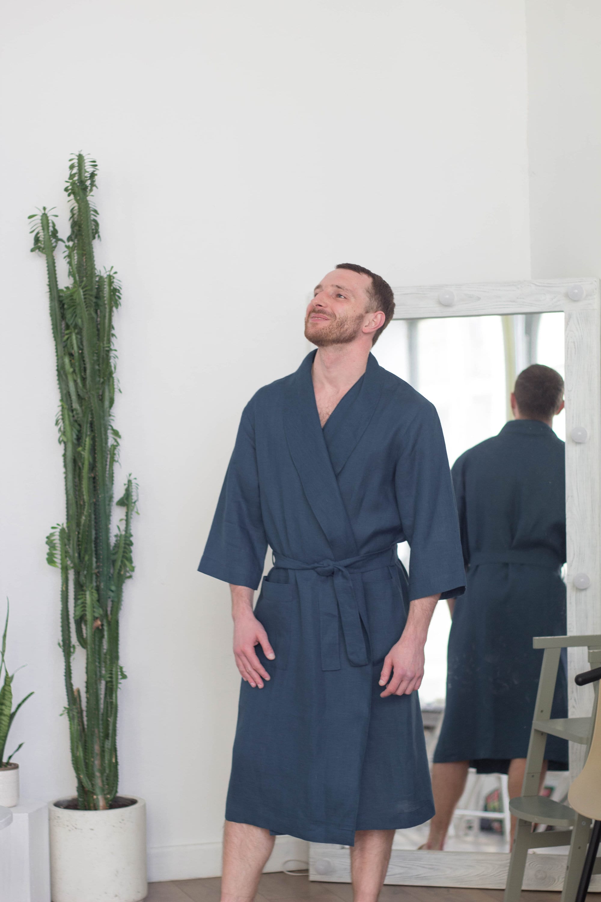 Nens Linen Bathrobe Navy Linen Robe for Men With Pockets Homewear - Etsy