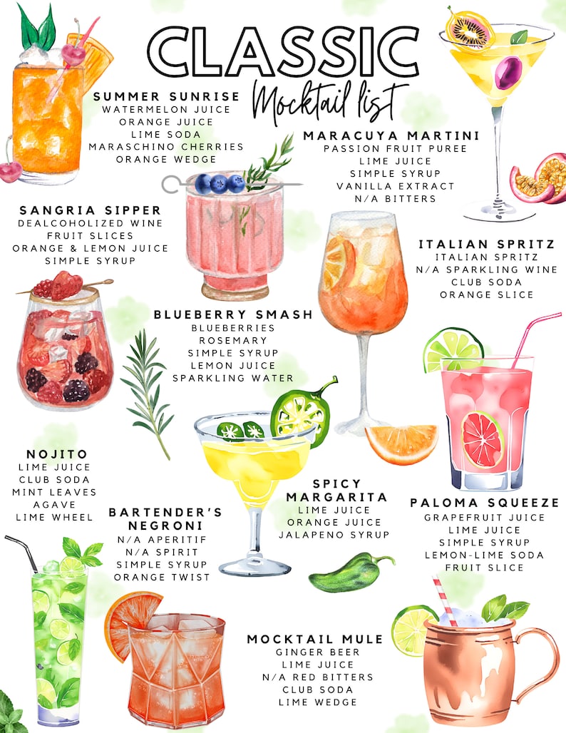 Printable Classic Mocktail List | Flavorful Non-alcoholic Drink Recipes - Etsy