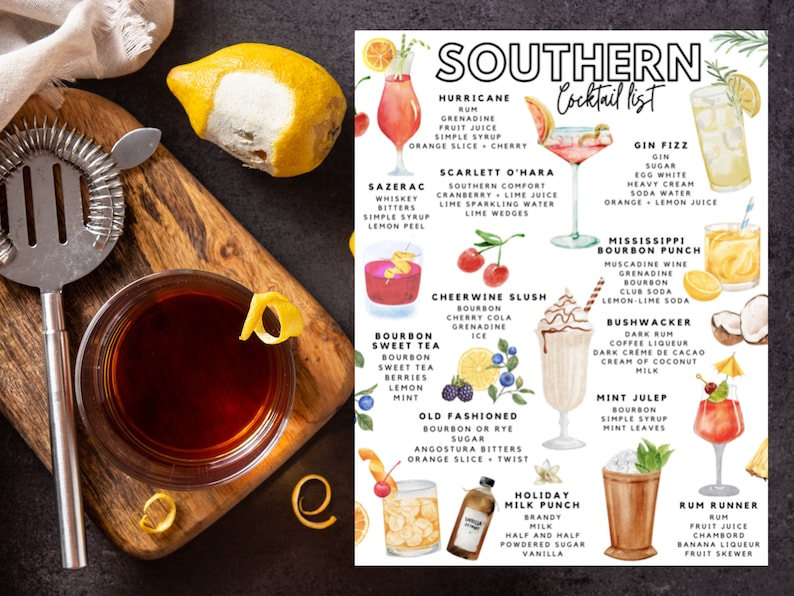 Printable Southern Cocktail List | Southern Drink Recipes - Etsy