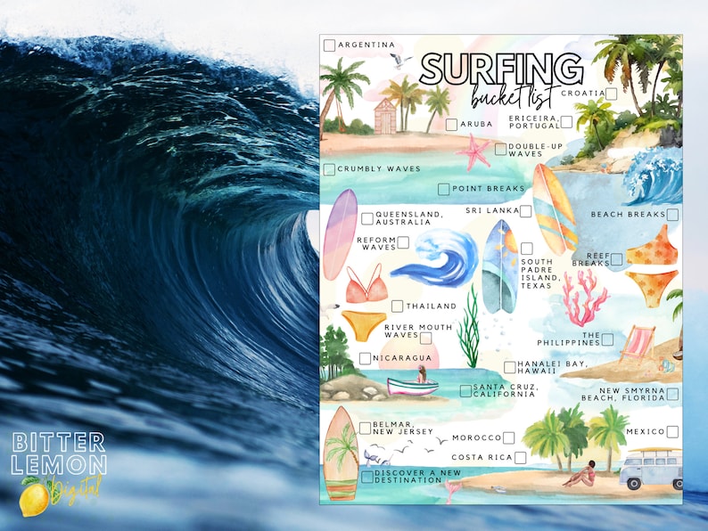 Printable Surfing Bucket List | Surfing Adventure Checklist - Etsy