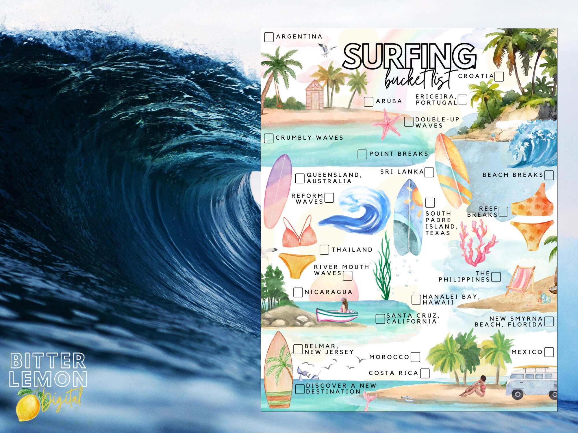 Printable Surfing Bucket List | Surfing Adventure Checklist - Etsy