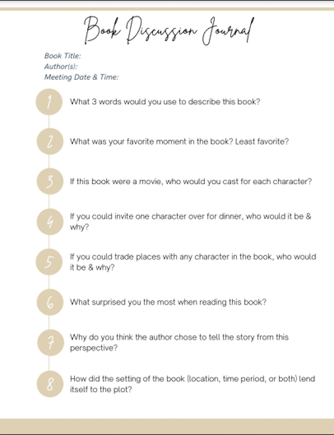 Book Club Discussion Journal Printable Tan Dots - Etsy