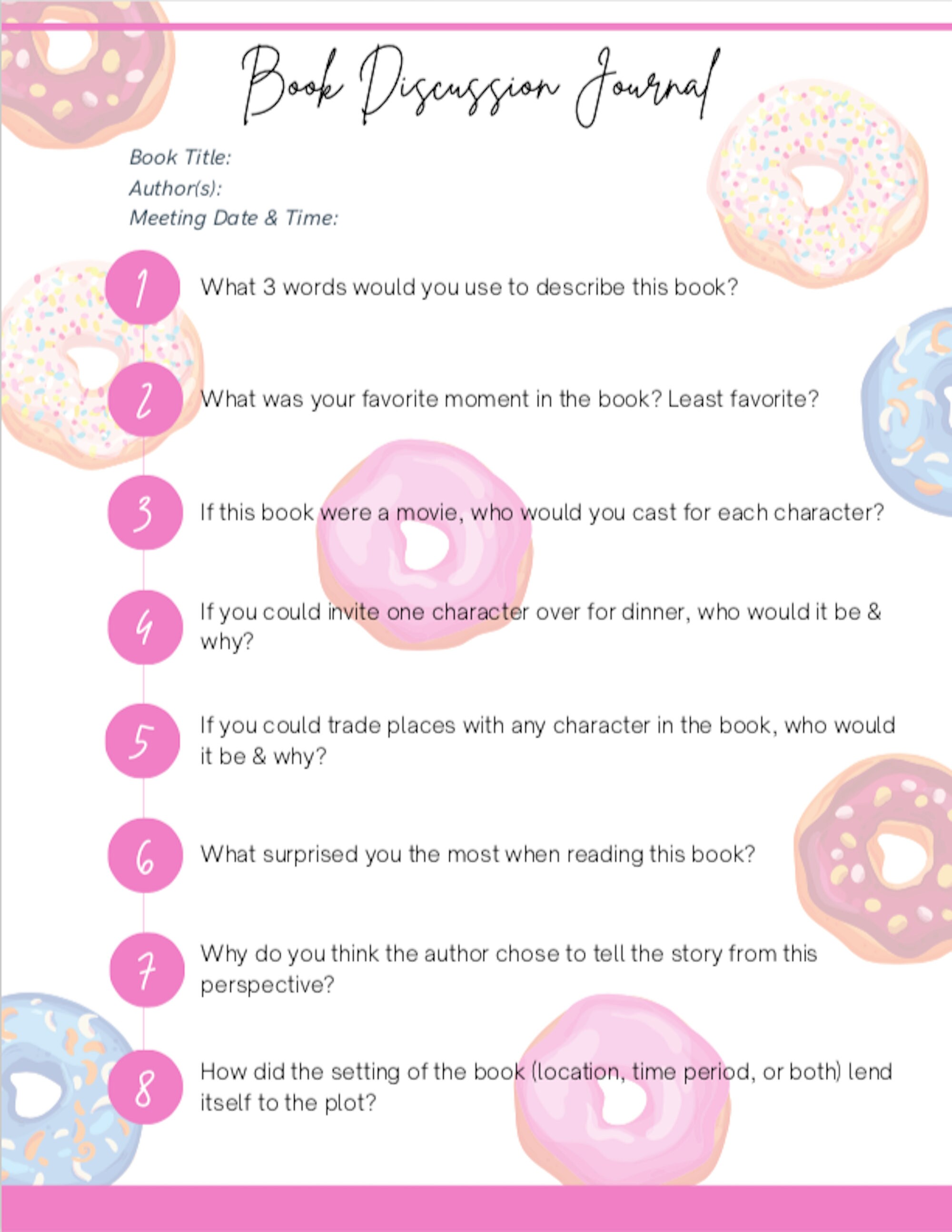 Book Club Discussion Journal Printable Delicious Donuts - Etsy