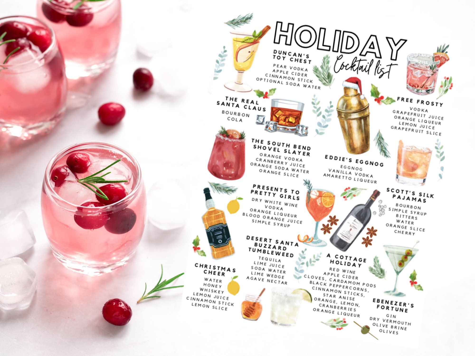Printable Holiday Cocktail List | Holiday Cocktail Recipes - Etsy
