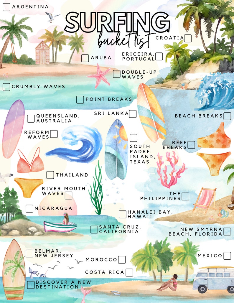 Printable Surfing Bucket List | Surfing Adventure Checklist - Etsy