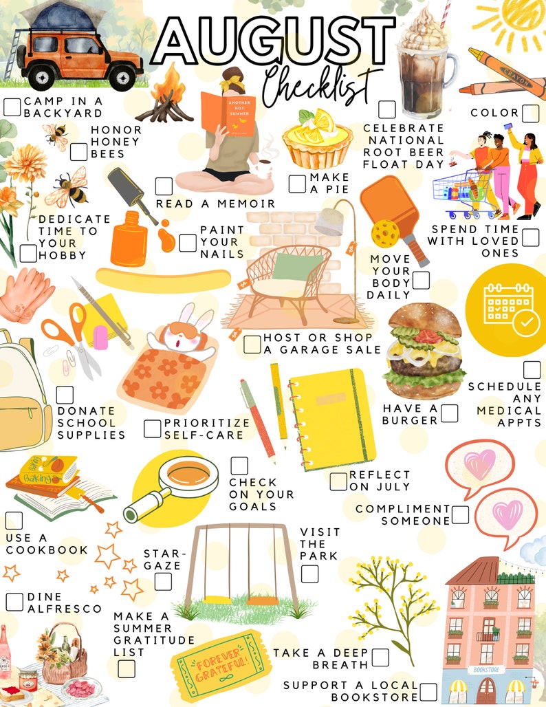 Printable August Checklist | August Bucket List - Etsy