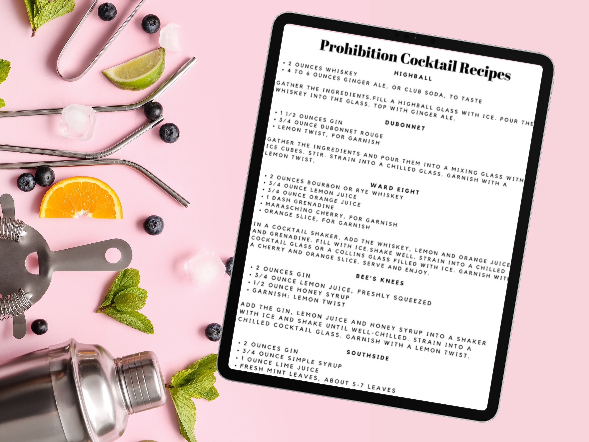 Printable Prohibition Cocktail List | 1920's Drink Recipes - Etsy