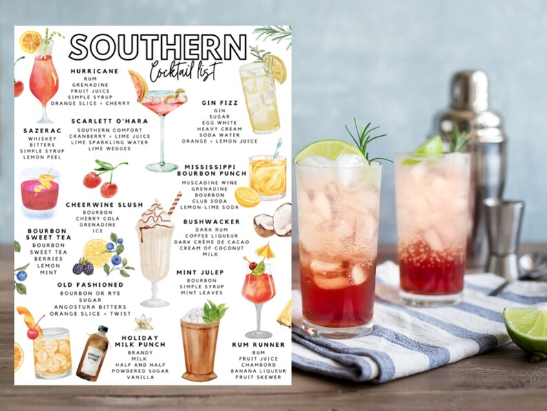 Printable Southern Cocktail List | Southern Drink Recipes - Etsy