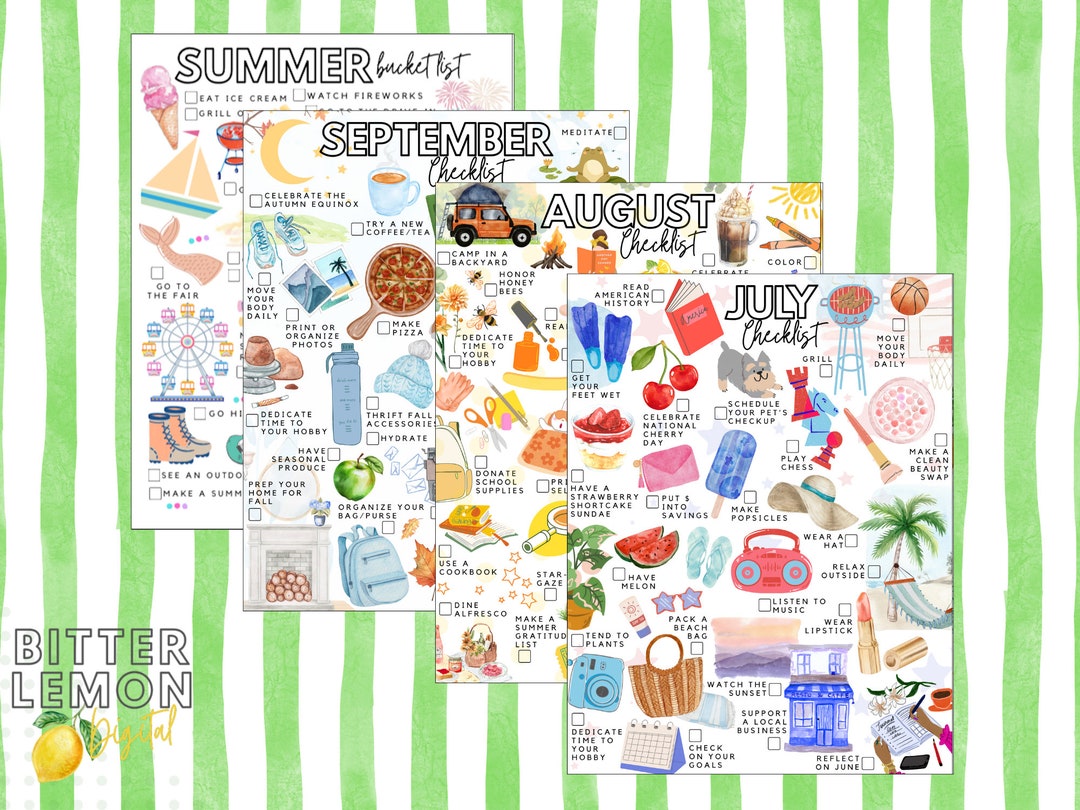 Printable Monthly Summer Checklist Value Pack July August Semptember Q3 ...
