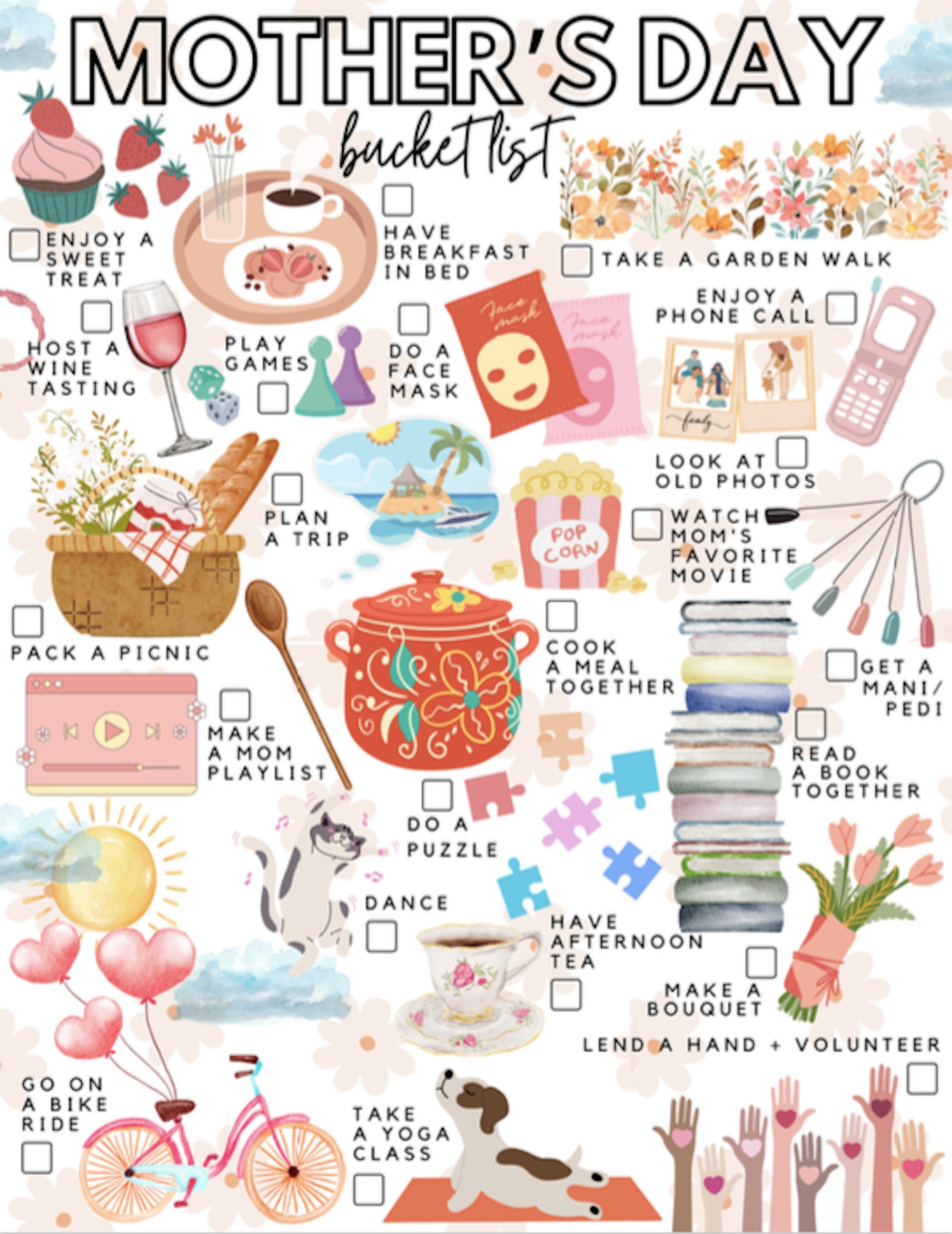 Printable Mother's Day Bucket List Mother's Day To-do List - Etsy
