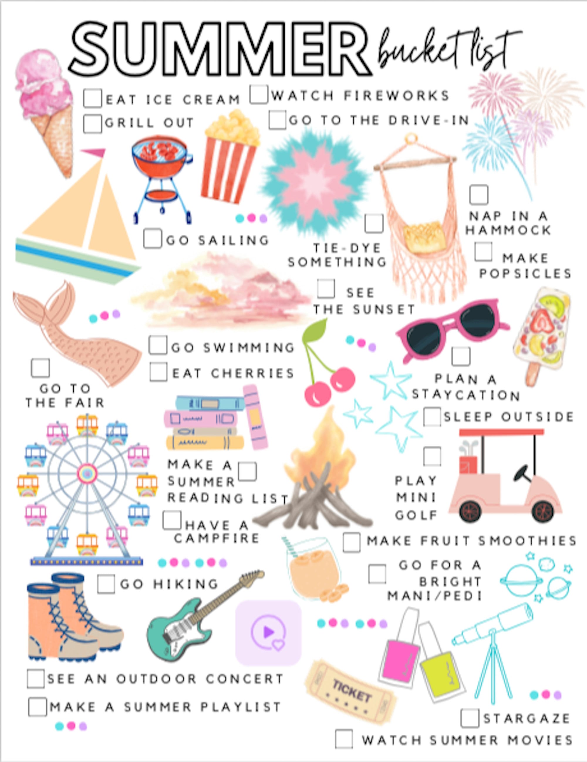 Printable Summer Bucket List: Seasonal Activities To-do (PDF) - Etsy