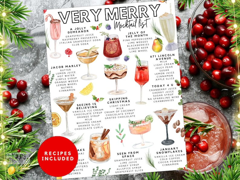 Printable Holiday Mocktail List | Christmas Mocktail Recipes - Etsy