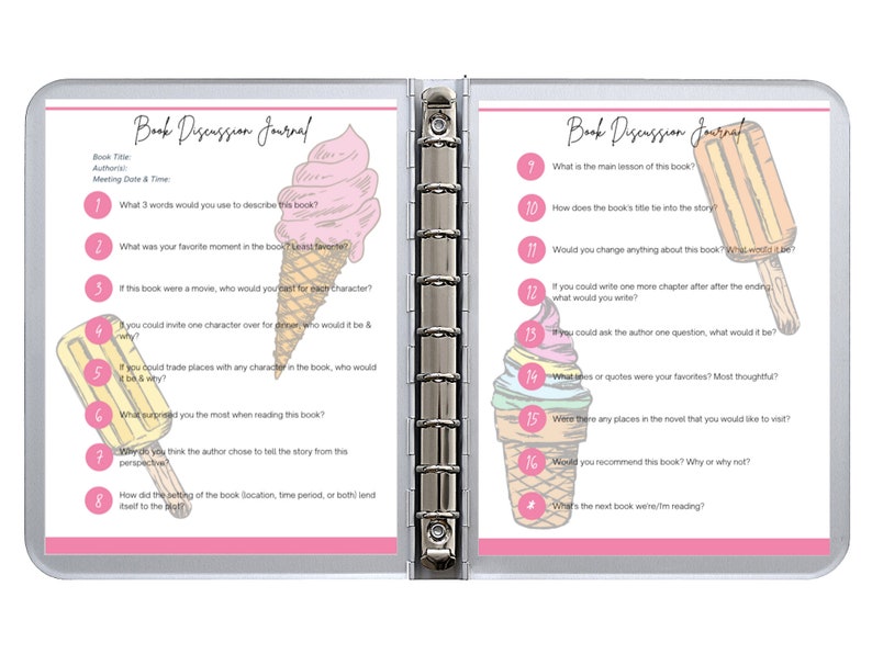 Book Club Discussion Journal Printable With Ice Cream Design - Etsy