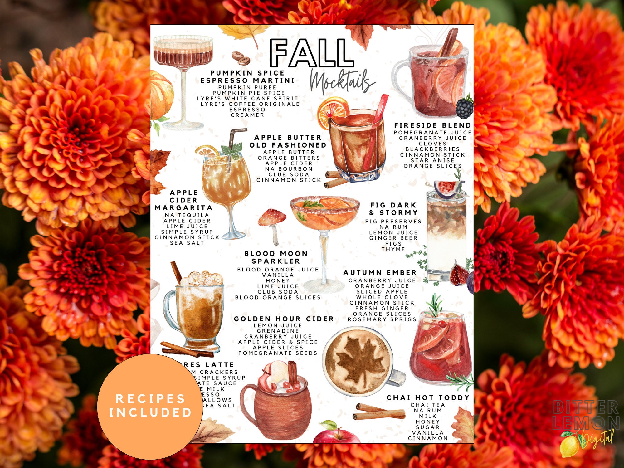 Printable Fall Mocktail List | Autumnal Non-alcoholic Drink Recipes - Etsy