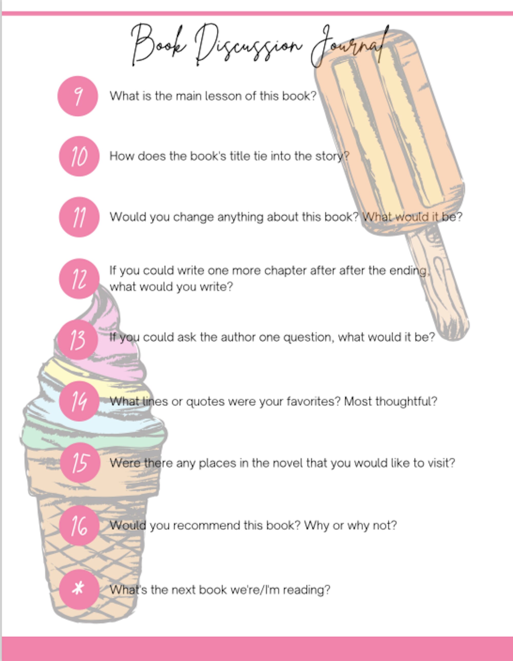 Book Club Discussion Journal Printable With Ice Cream Design - Etsy