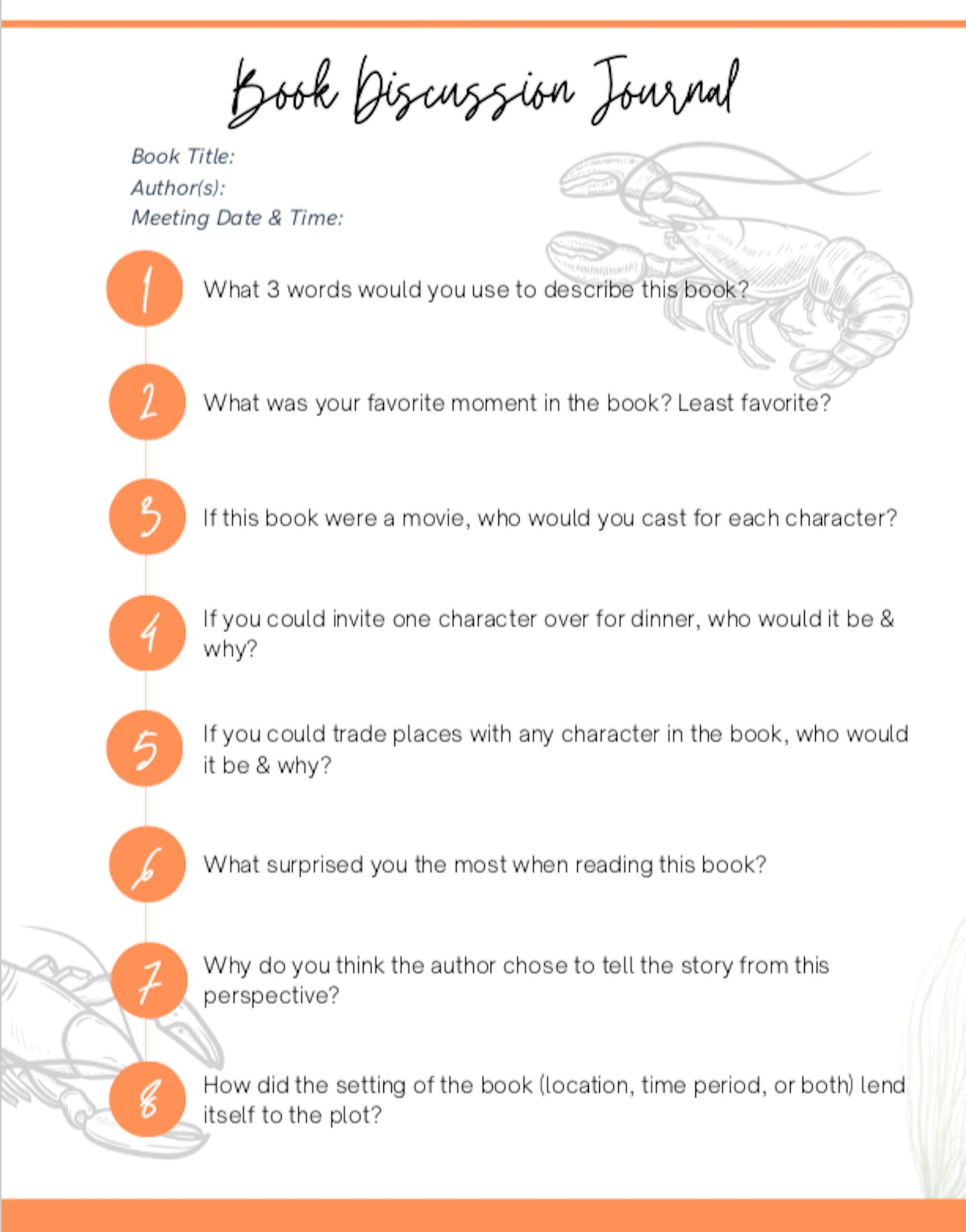 Book Club Discussion Journal Printable Crawfish - Etsy