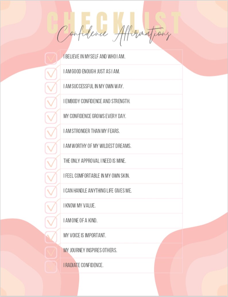 Printable Affirmations Checklist Journal Page Confidence Affirmations ...