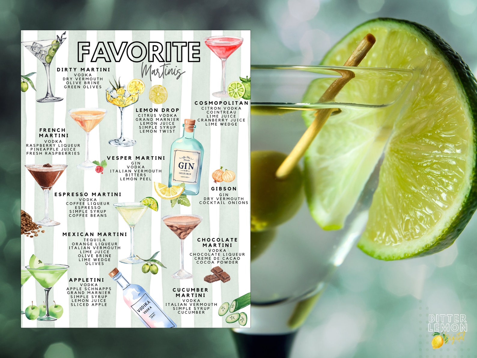 Martini Recipes Printable, Classic Martinis Drink Guide & Cocktail Menu ...