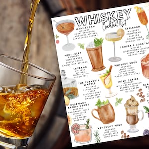 Printable Whiskey Cocktail List Whiskey Drink Recipes - Etsy