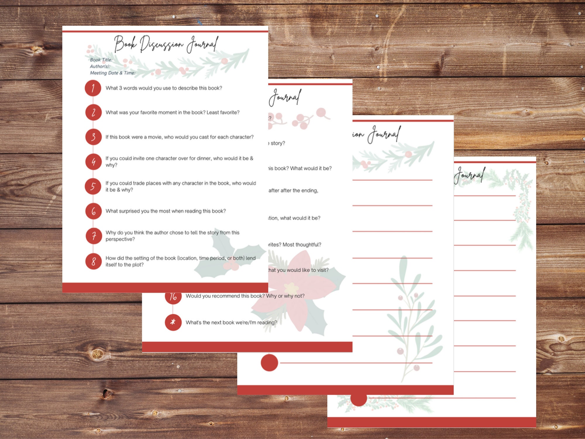 Book Club Discussion Journal Printable Holly Jolly - Etsy