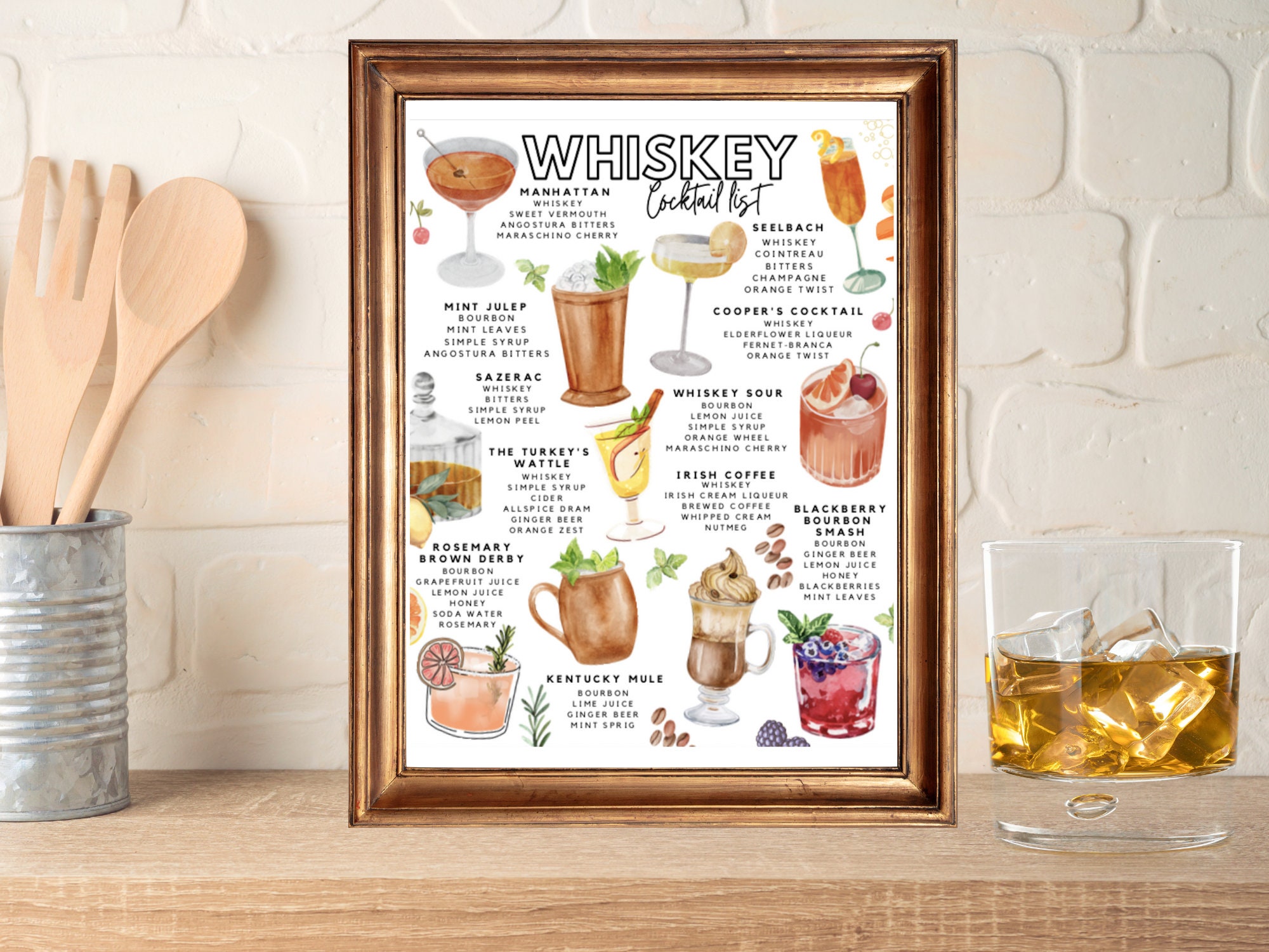 Printable Whiskey Cocktail List | Whiskey Drink Recipes - Etsy