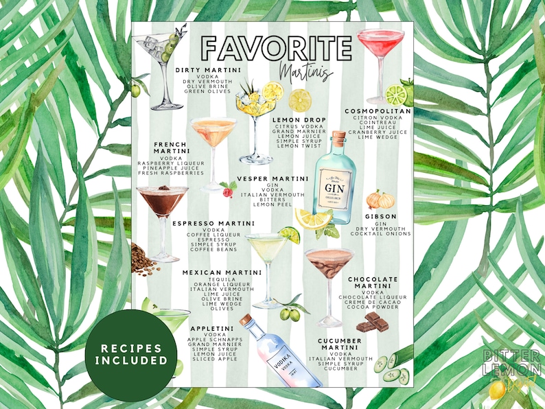 Printable Favorite Martinis List | Classic Martini Recipes - Etsy