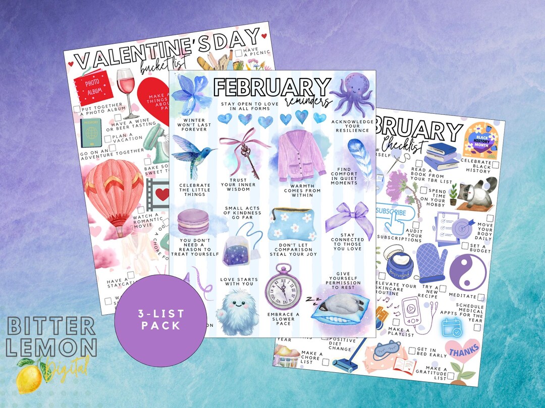 February Printable List Value Pack: Reminders, Checklist, Bucket List ...